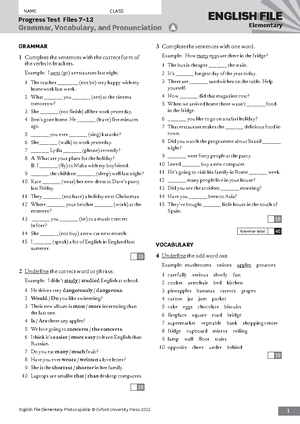 Unit 3 A,B - English file 3 test - 3 Grammar, Vocabulary, and ...