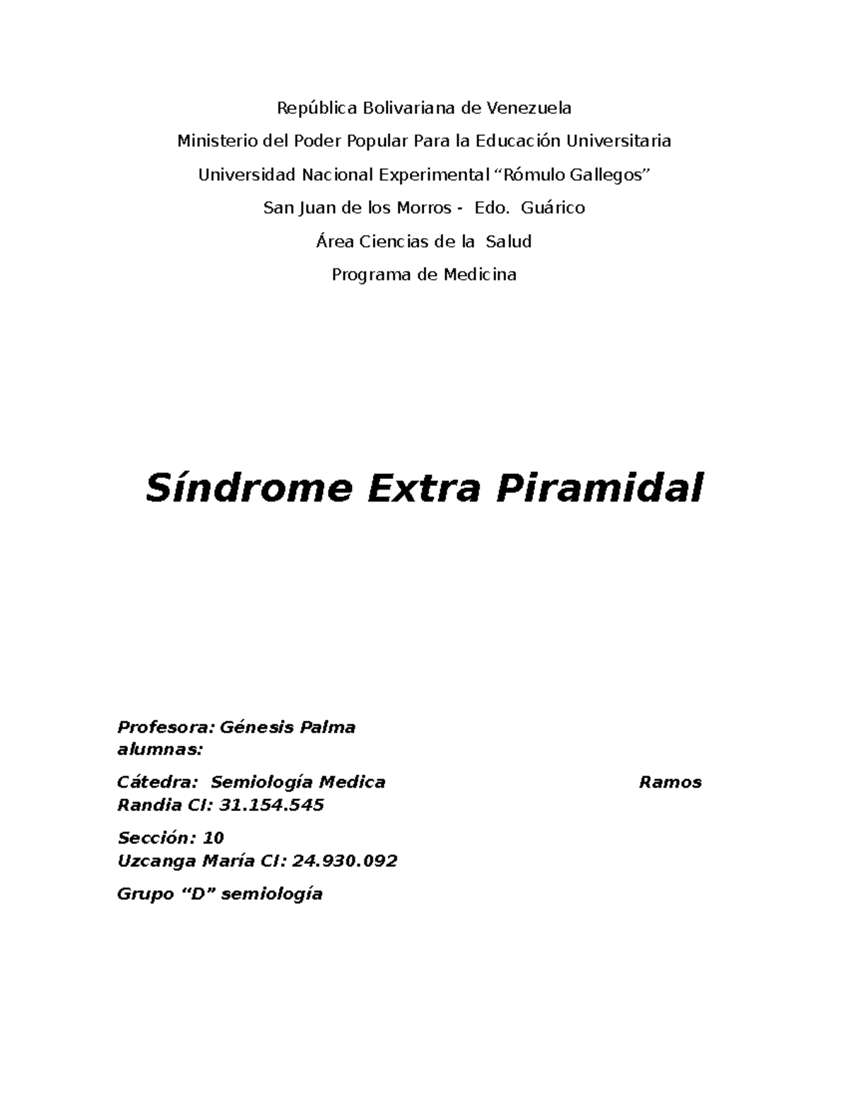 Síndrome Extrapiramidal: Semiología y Tratamiento en Medicina - Studocu