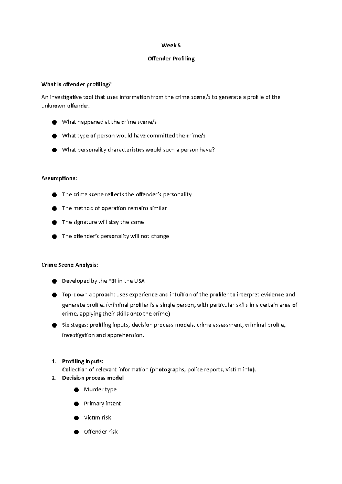 Week 5 Offender Profiling: Key Concepts and Techniques Explained - Studocu