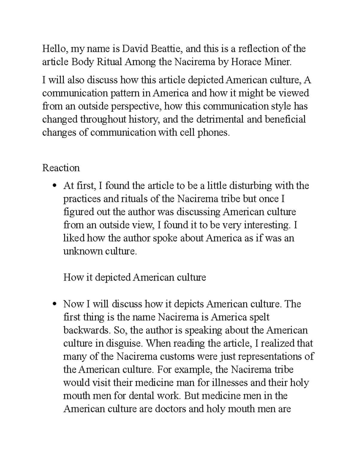 COM-236 Reflection on American Culture: Insights from the Nacirema ...