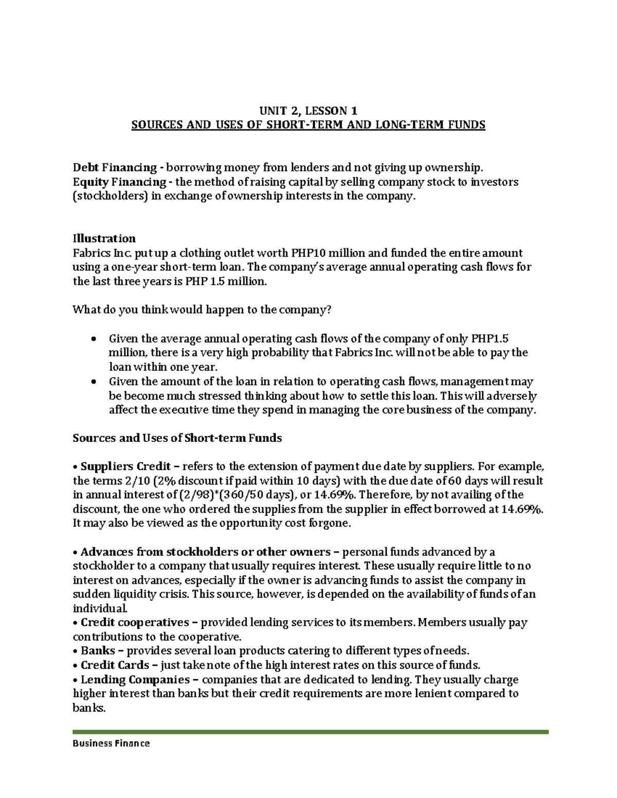 Sources and Uses of Short-Term & Long-Term Funds (Unit 2, Lesson 1) - Studocu