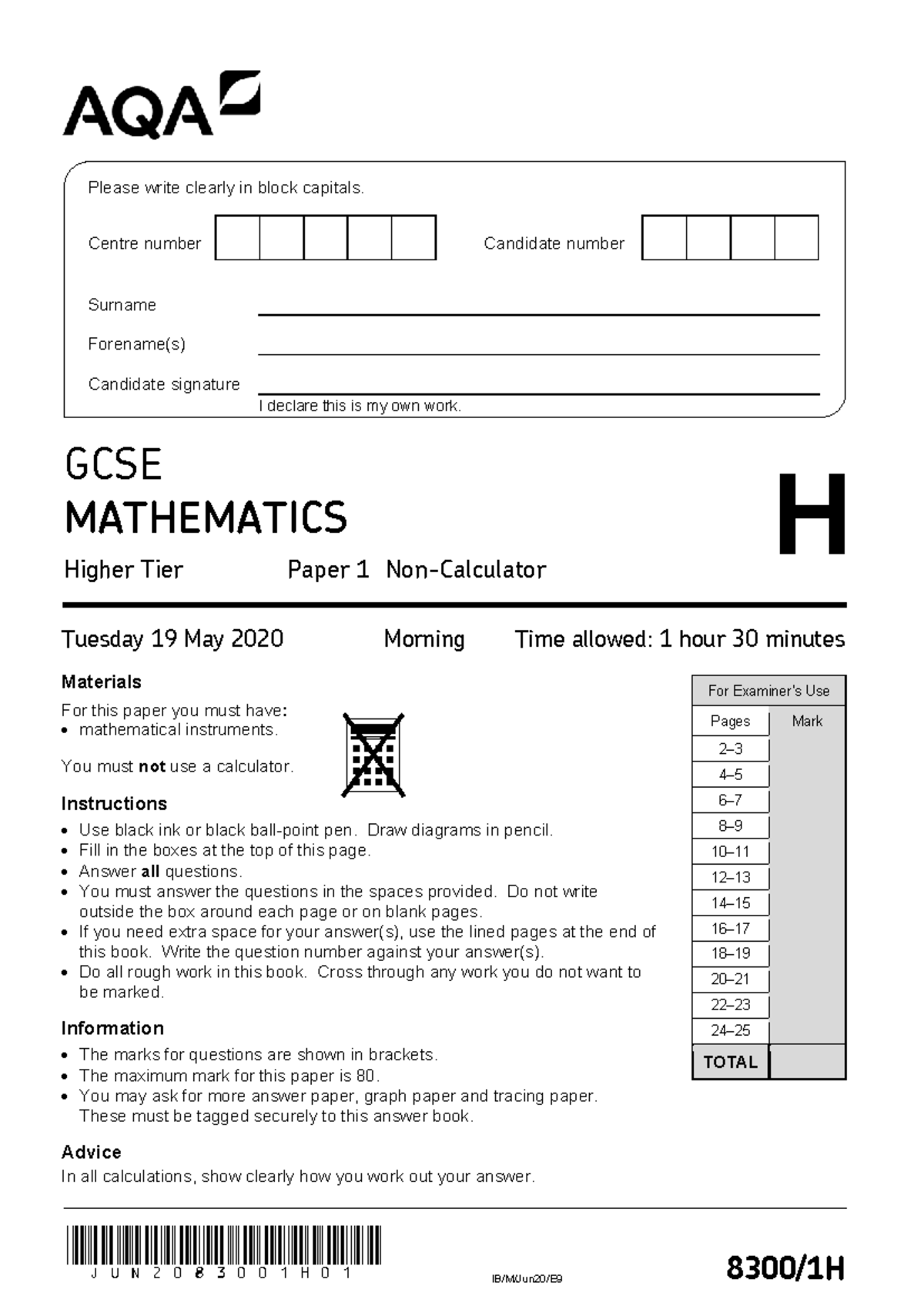 GCSE MATHEMATICS Higher Tier H Paper 1 - June 2020 Question Paper - Studocu