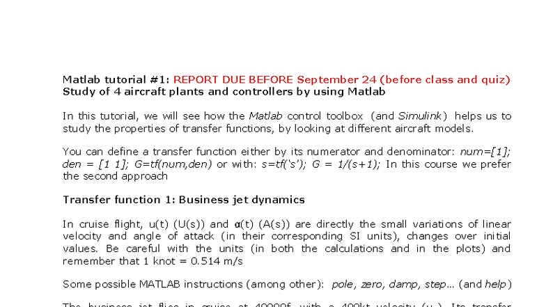 Matlab Tutorial Report: Aircraft Dynamics & Control (EETAC) - Studocu