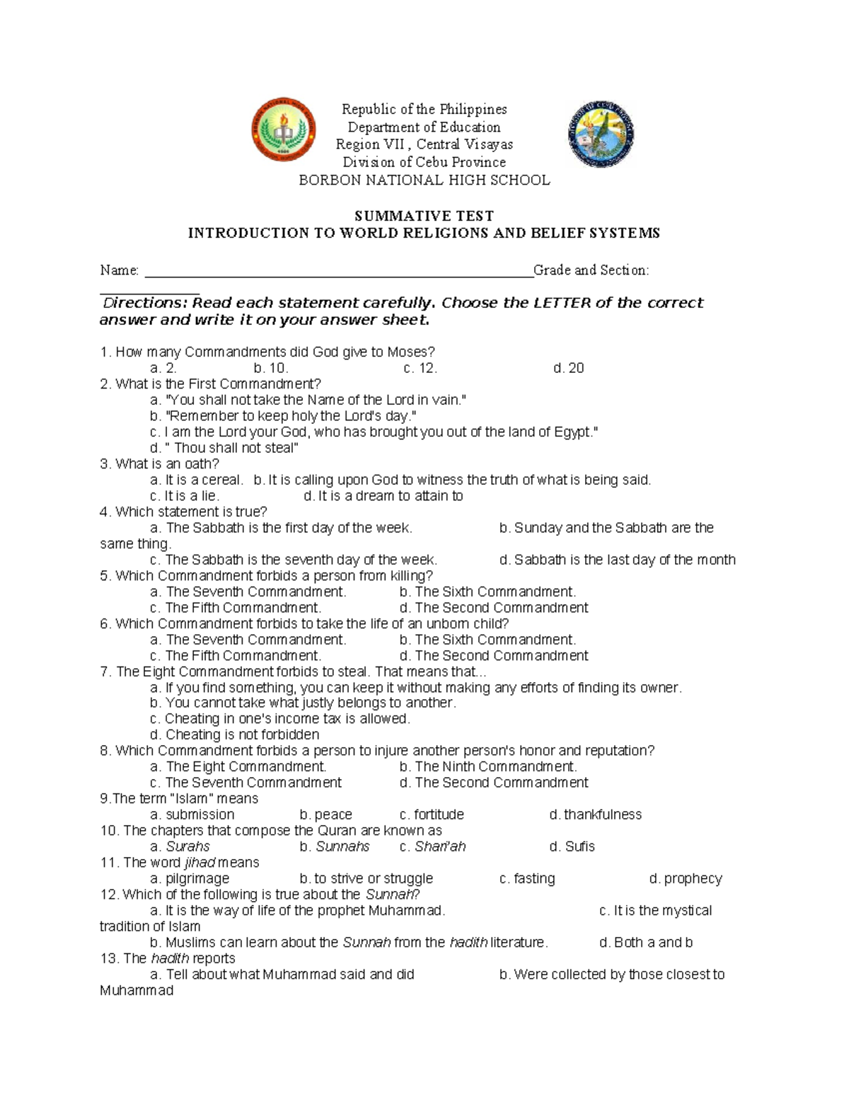 Summative Test: IWRBS - Introduction to World Religions & Belief ...