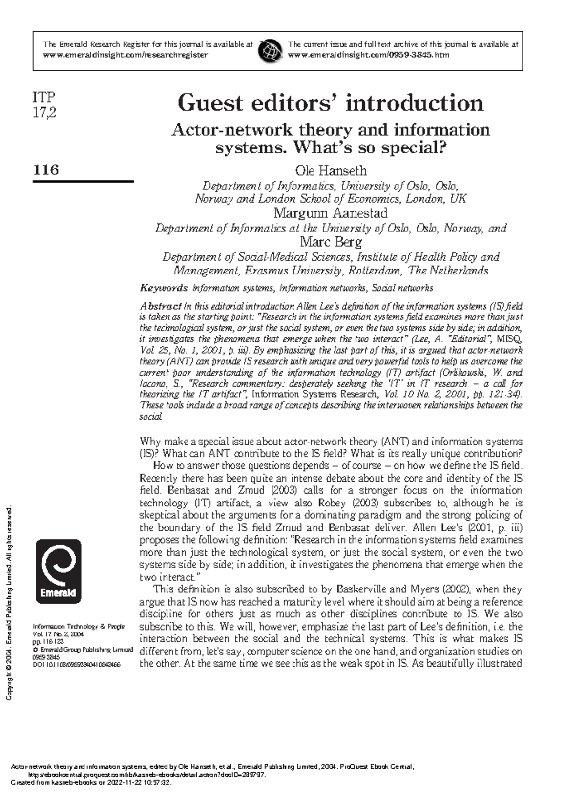 Actor-Network Theory in Information Systems: Editor's Introduction ...