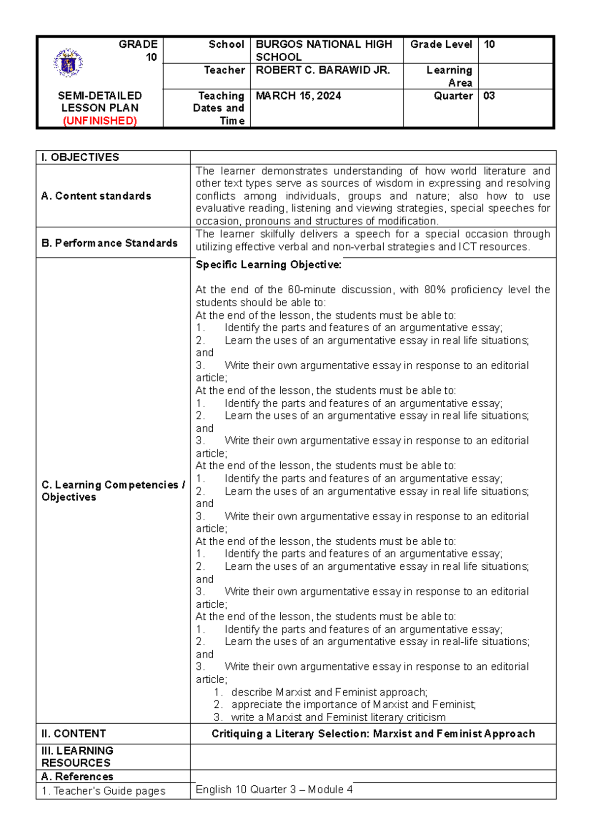 Marxist and Feminist Literary Criticism: A Lesson Plan for Eng 10 - Studocu