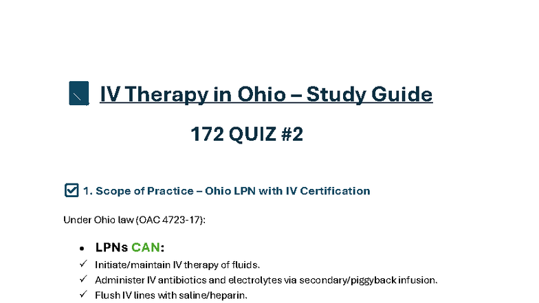 IV Therapy in Ohio Study Guide 172 QUIZ 2: Practice and Review - Studocu