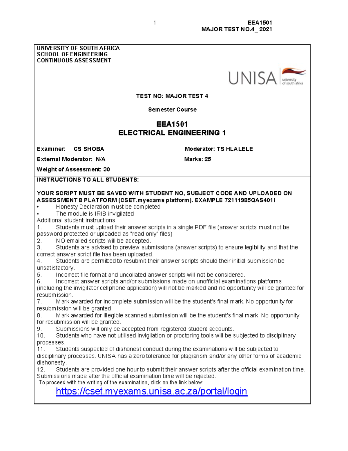 EEA1501 2021 Major Test 4 - Electrical Engineering Questions - Studocu