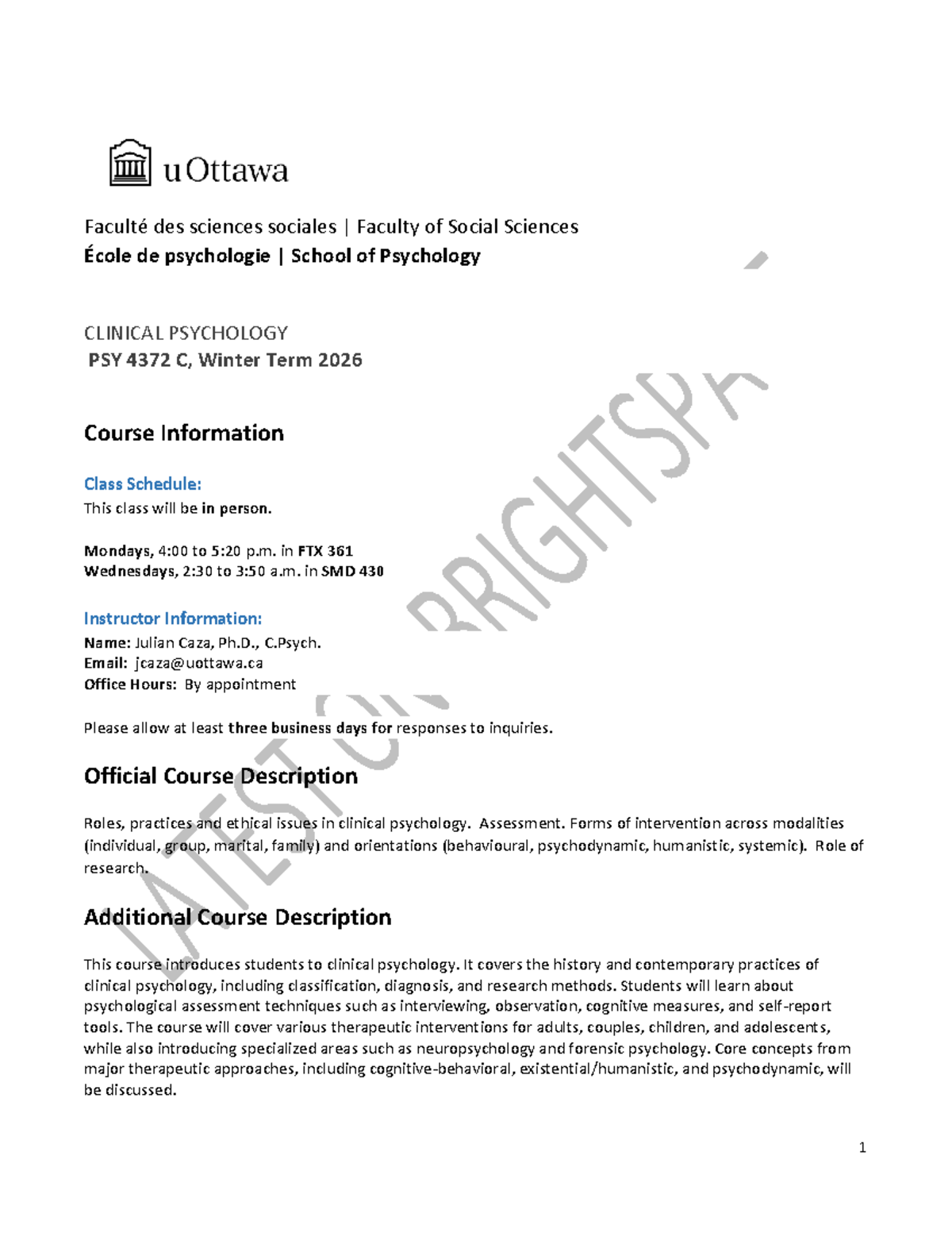 PSY 4372 C - Clinical Psychology Course Outline, Winter 2026 - Studocu