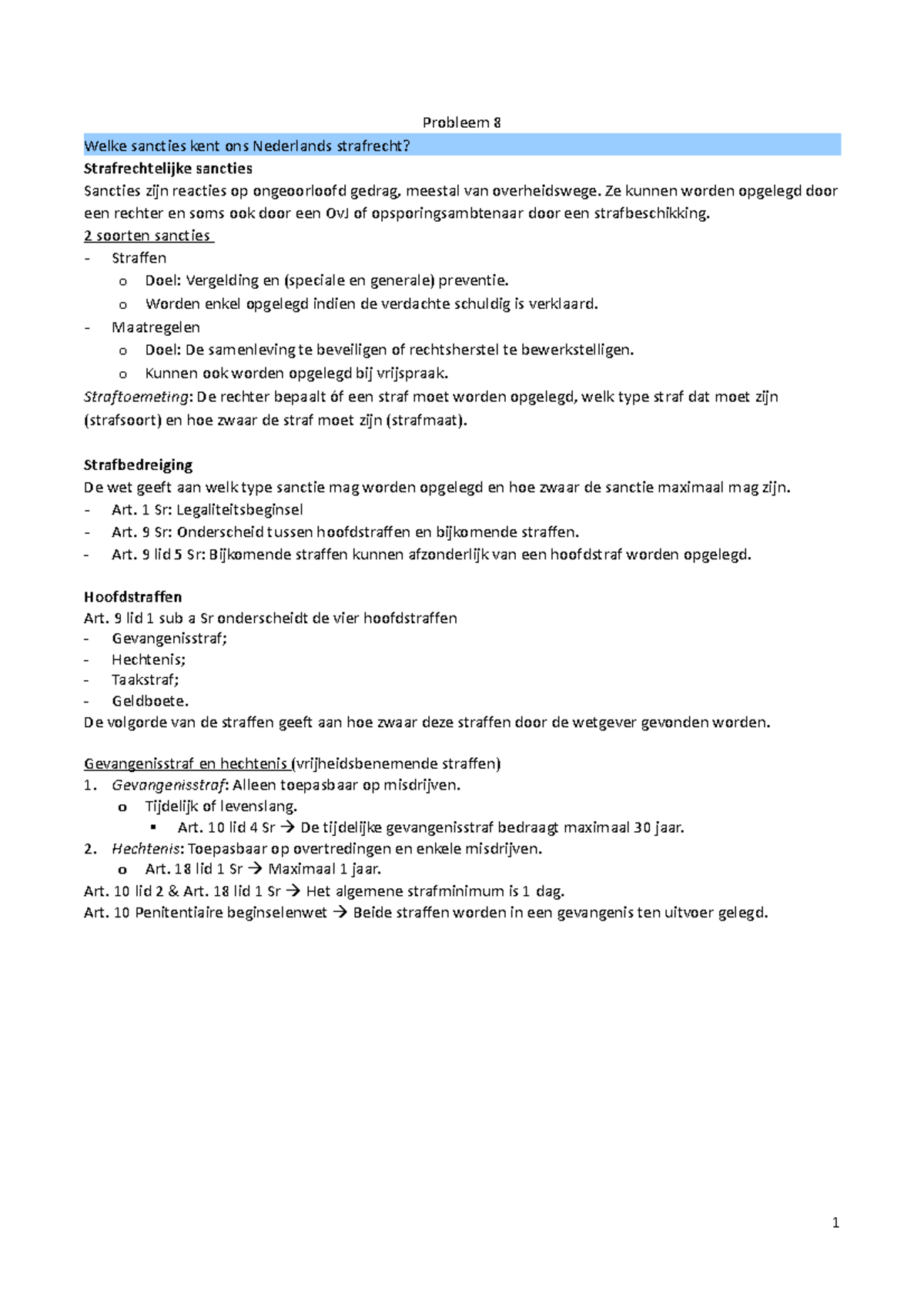 Sancties en Maatregelen in het Nederlands Strafrecht - Probleem 8 ...