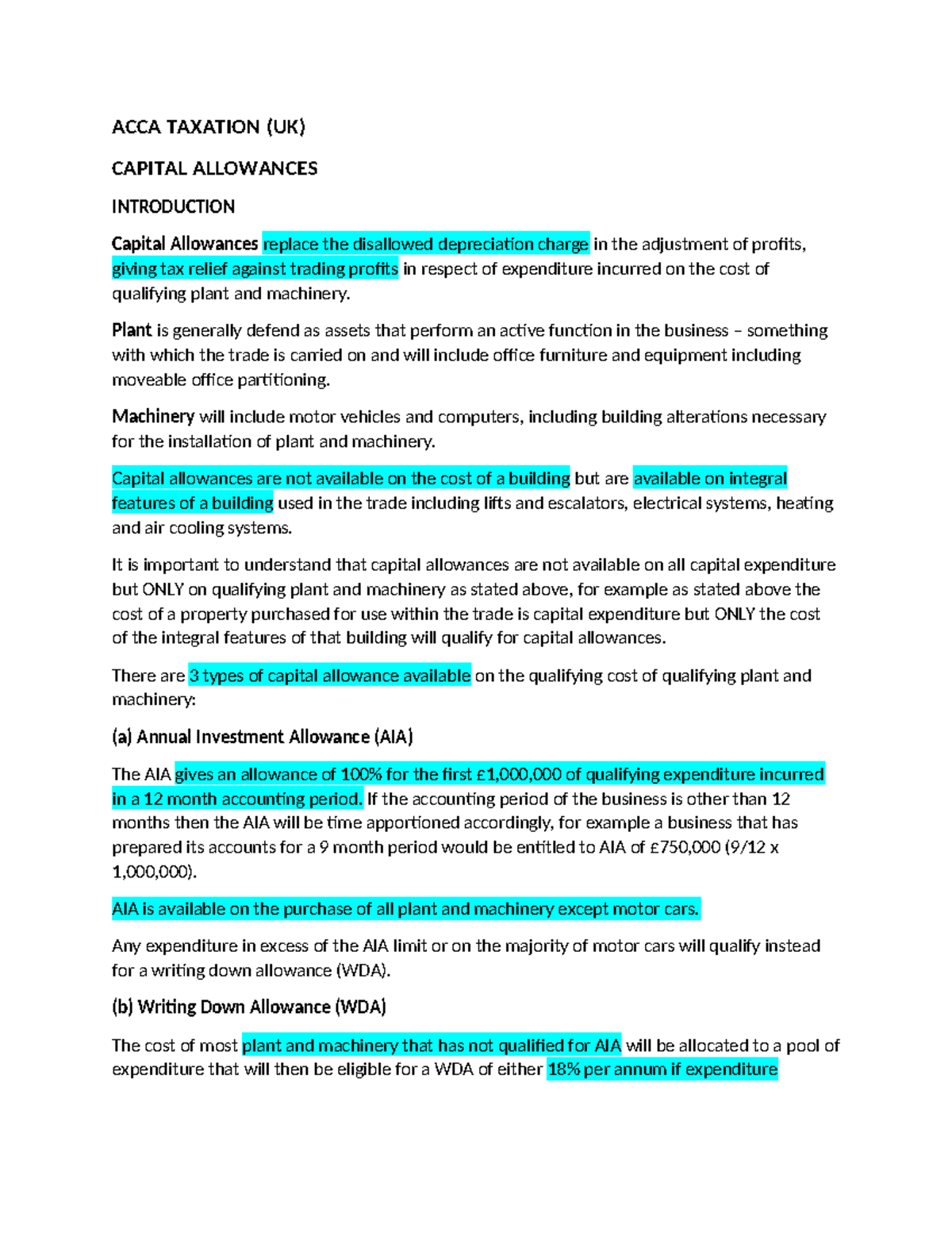 ACCA TAXATION (UK) Capital Allowances Overview and Examples 22-23 - Studocu
