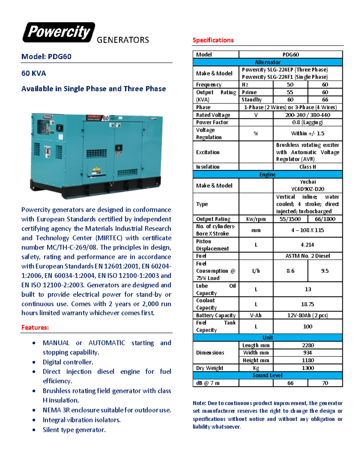 PDG60 - Detailed Specifications for Powercity Generators - Studocu
