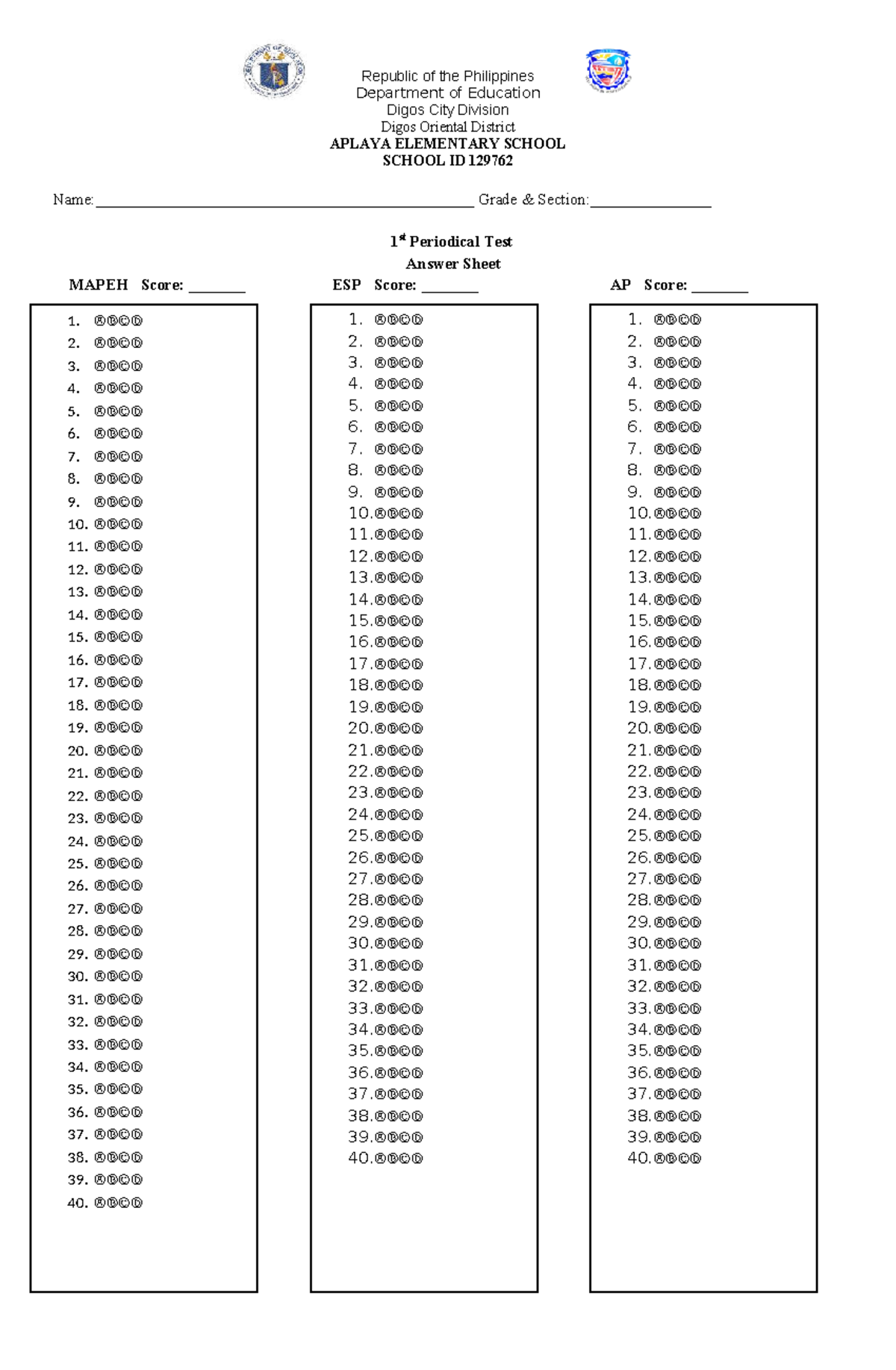 1st Periodical Test Answer Sheet for MAPEH, English, and Math - Aplaya ...