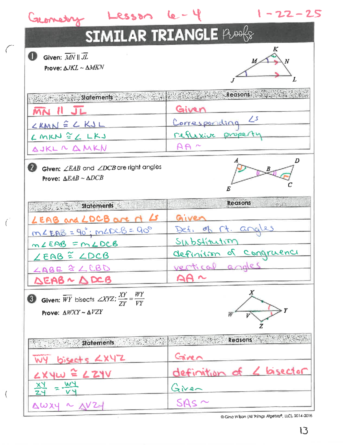 Geometry G2 6-4 Lesson: Similar Triangle Proofs and Congruence - Studocu
