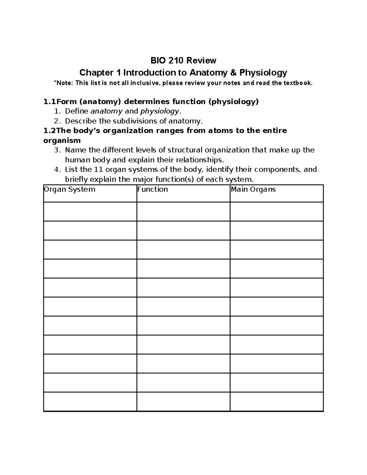 BIO 210 Chapter 1 Review: Intro to Anatomy & Physiology - Studocu