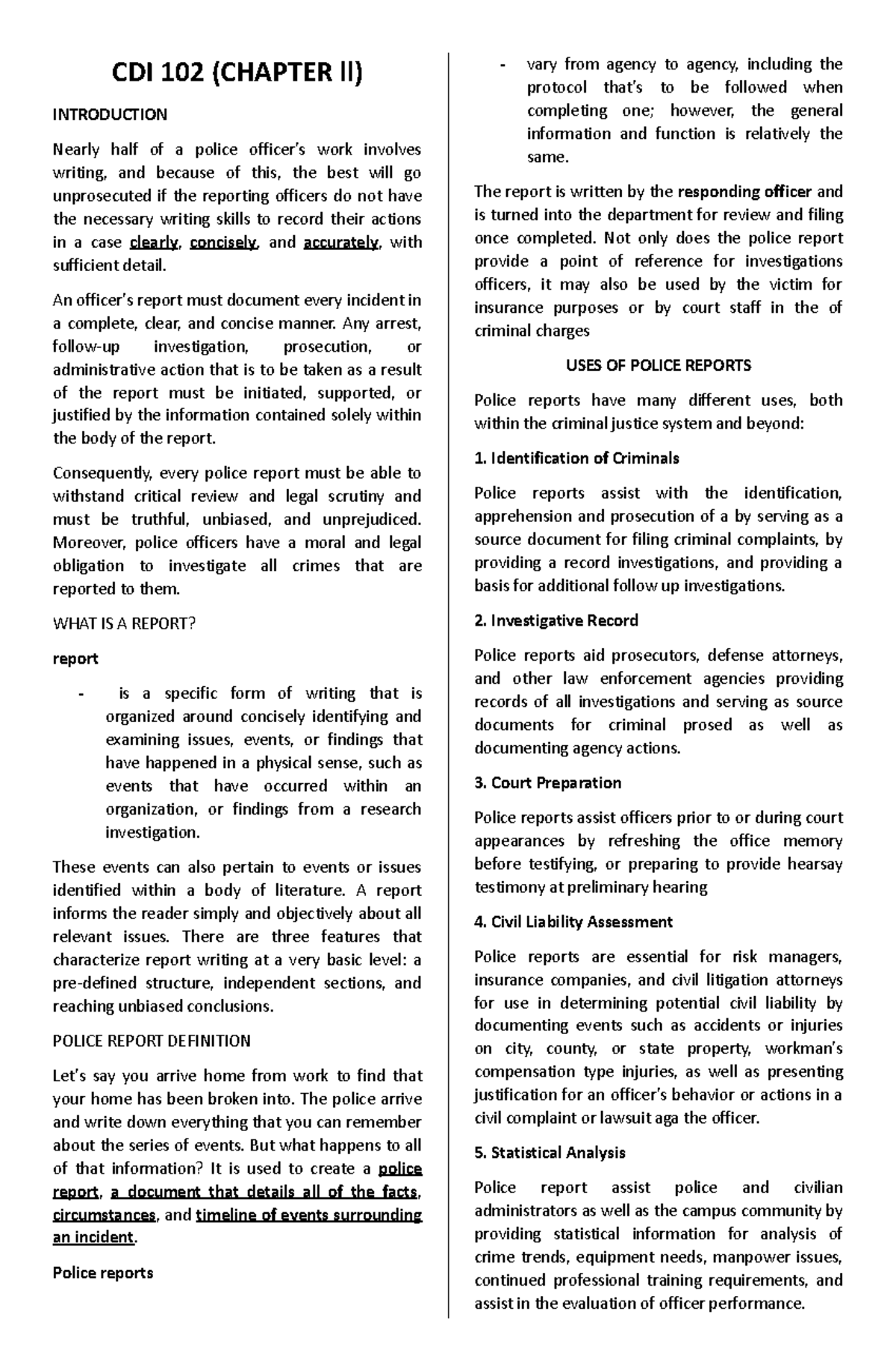 CDI 102 Police report, report, field notes - CDI 102 (CHAPTER ll ...