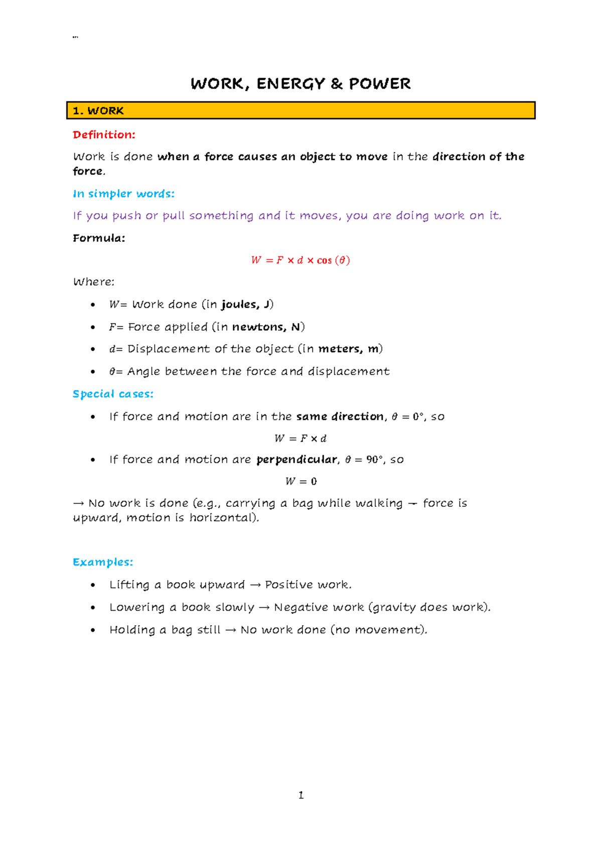 WORK, ENERGY & POWER - Summary Notes - Studocu