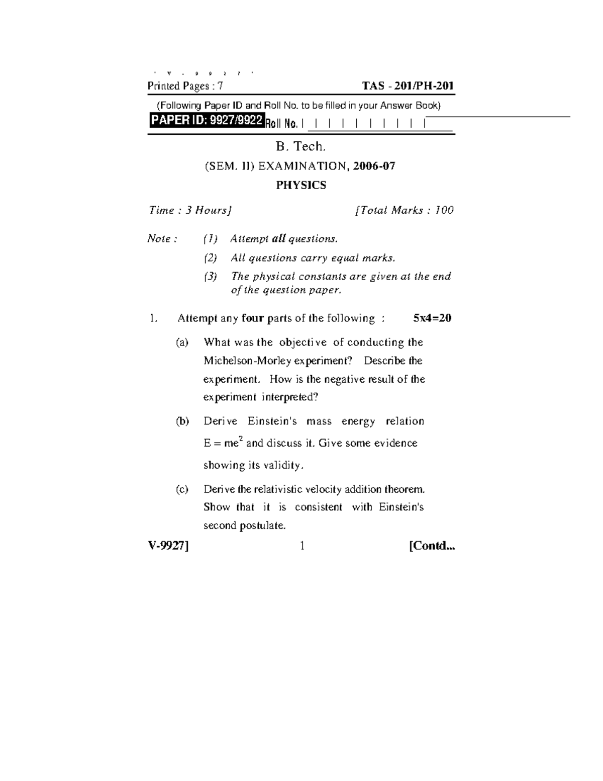 B. Tech. (SEM. II) Physics Exam Paper ID: V-9927 - Studocu