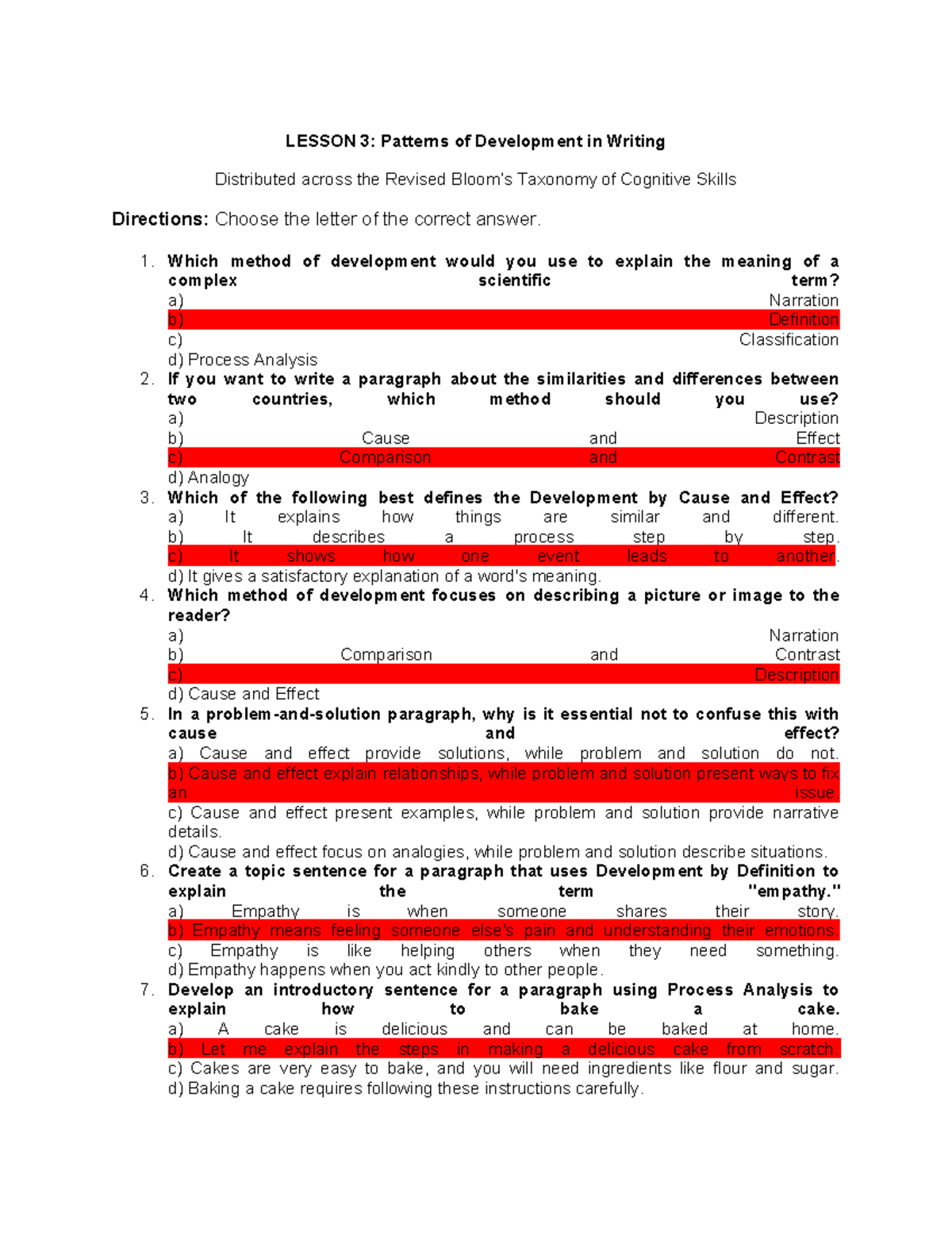 EXAM Questionnaire - LESSON 3: Patterns of Development in Writing Distributed across the Revised ...