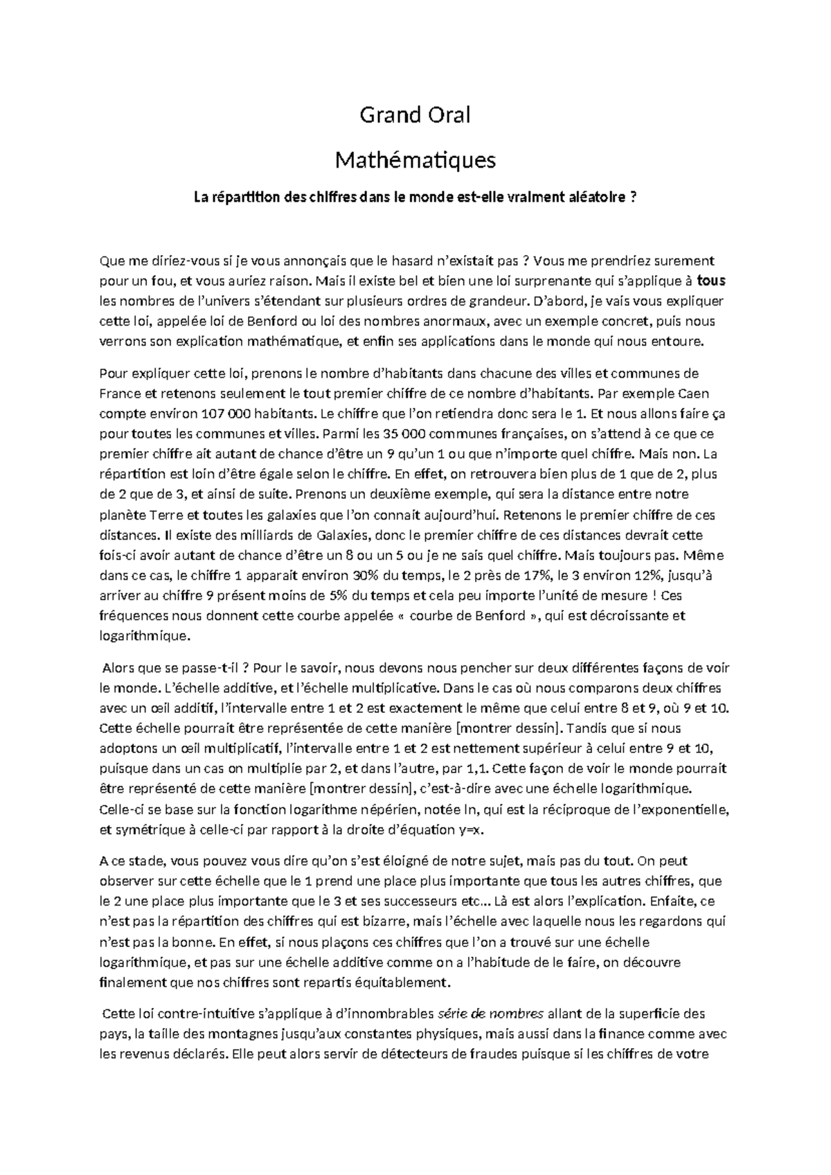 Grand Oral de Maths : La Loi de Benford et ses Applications - Studocu