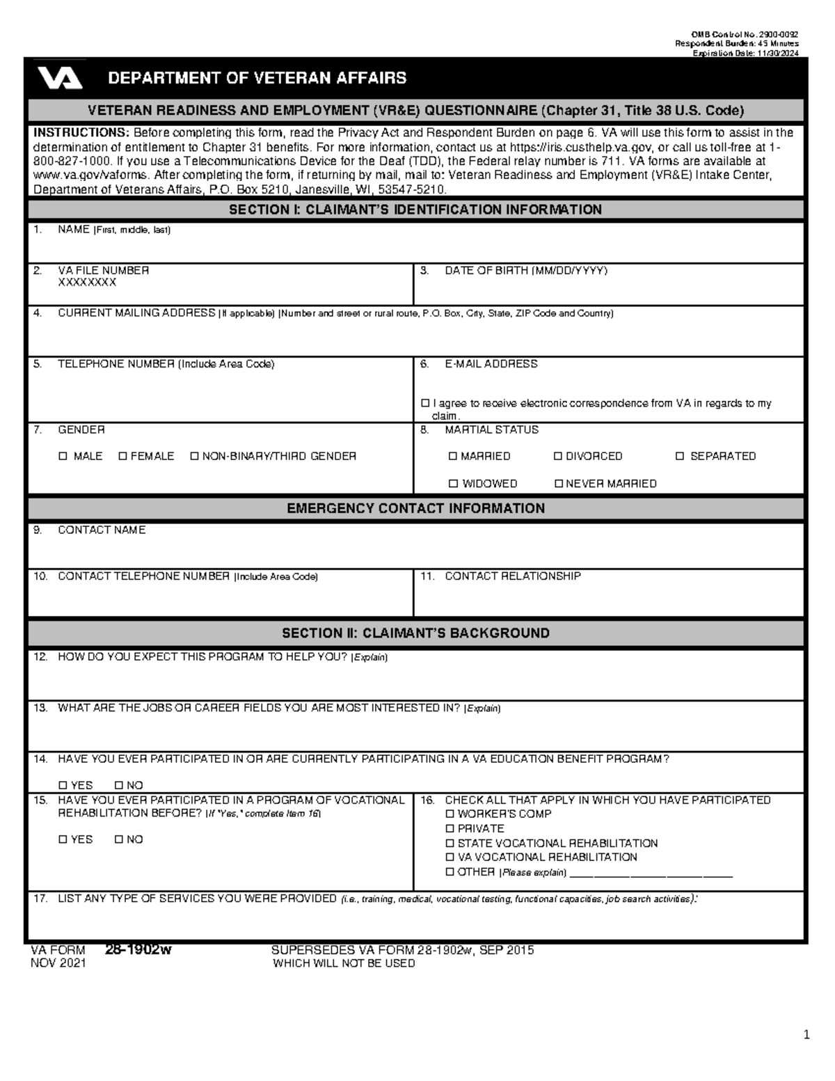 VA Form 28-1902w: Veteran Readiness & Employment Questionnaire ...
