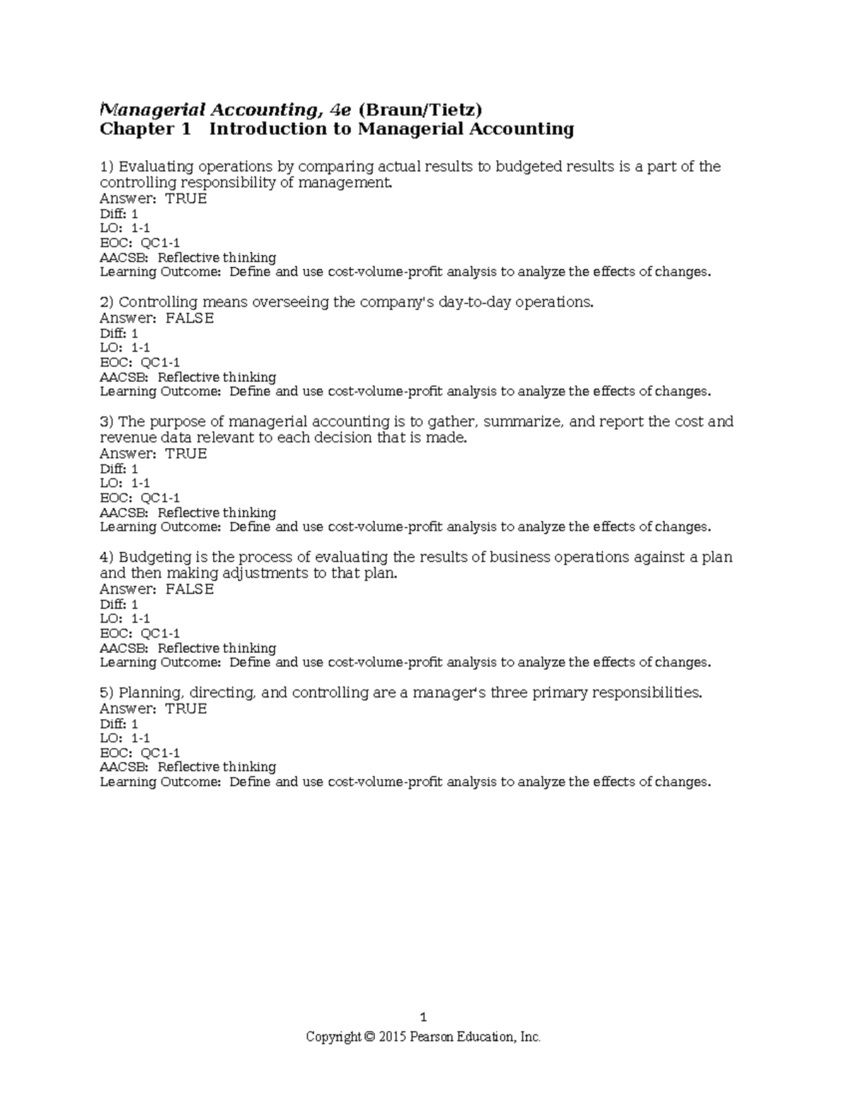 Managerial Accounting, 4e Chapter 1: Intro to Managerial Accounting Concepts - Studocu
