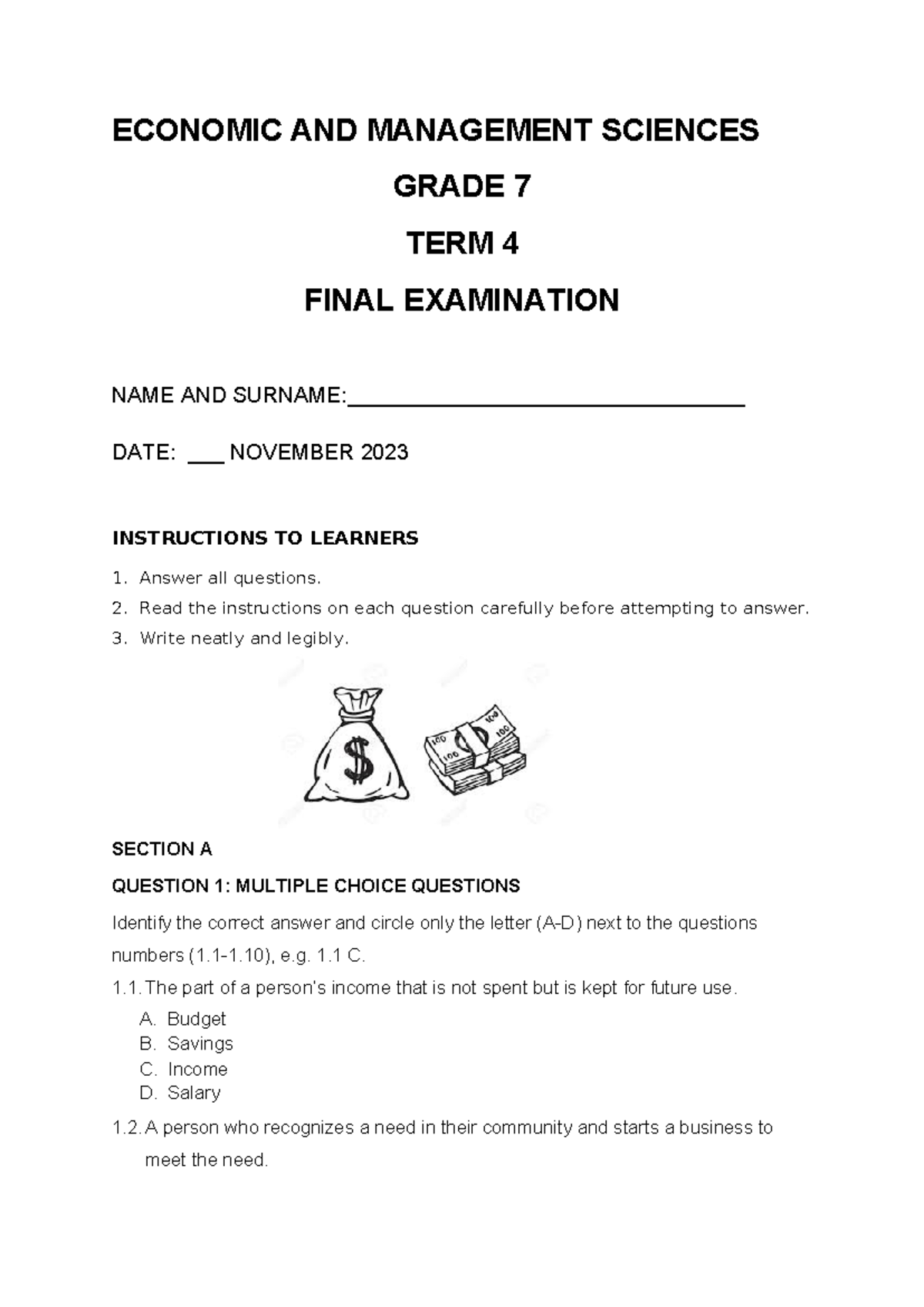 Grade 7 EMS Term 4 Final Exam: November 2023 Questions and Instructions ...