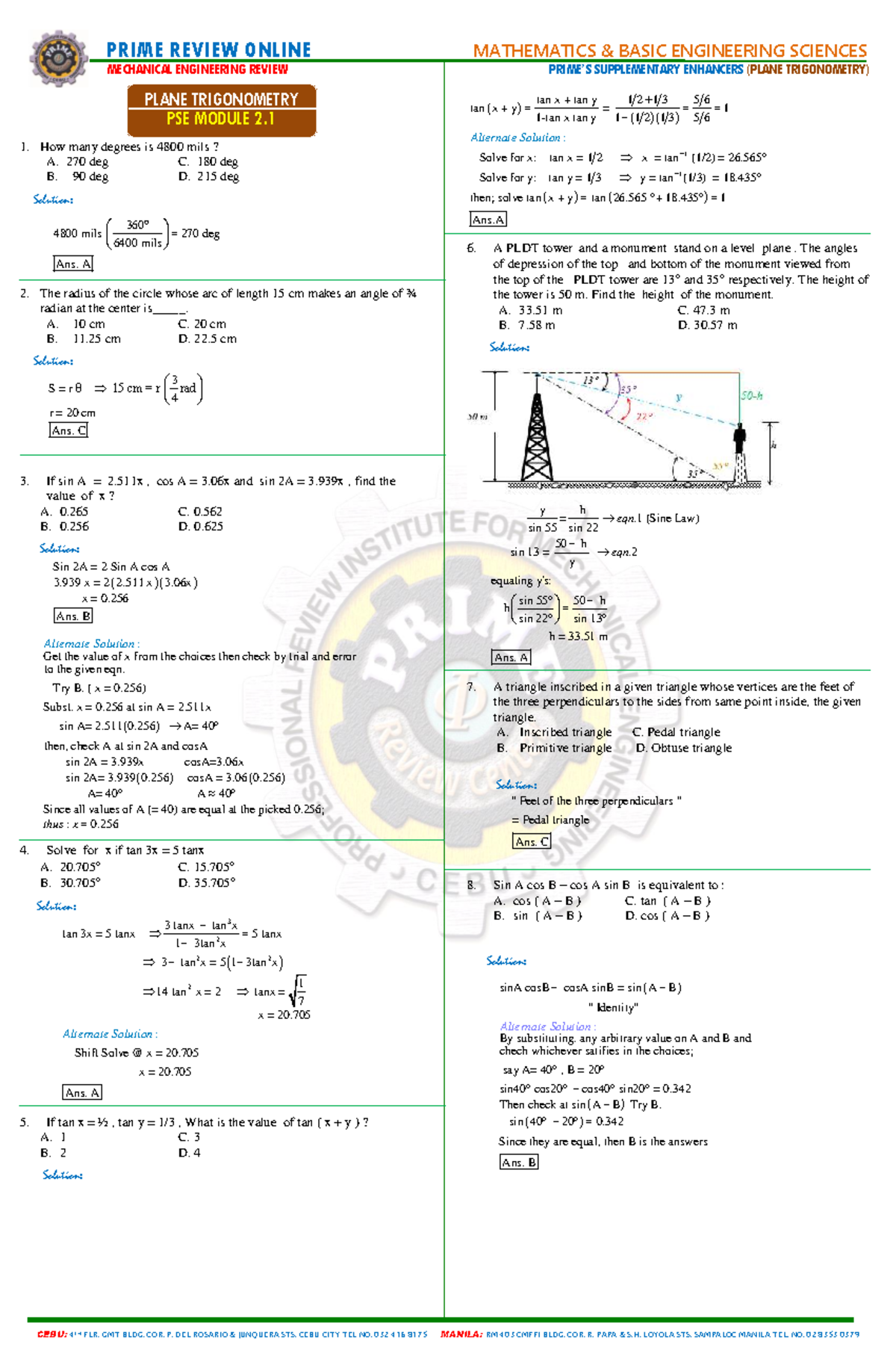 PRIME REVIEW ONLINE MATH BASIC ENG SCIENCES MECHANICAL ENG PLANE ...