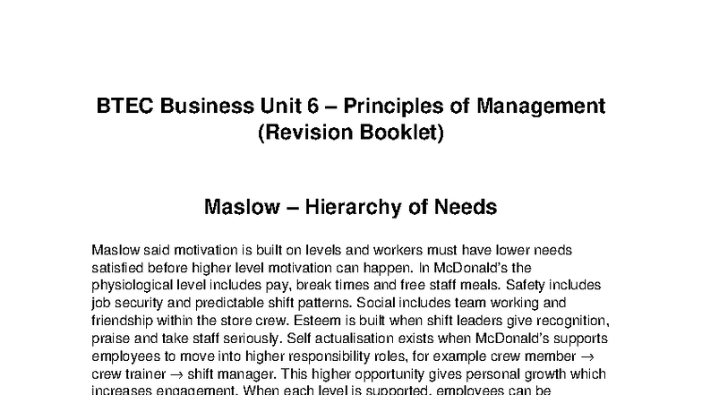 BTEC Business Unit 6: Principles of Management Revision Guide - Studocu