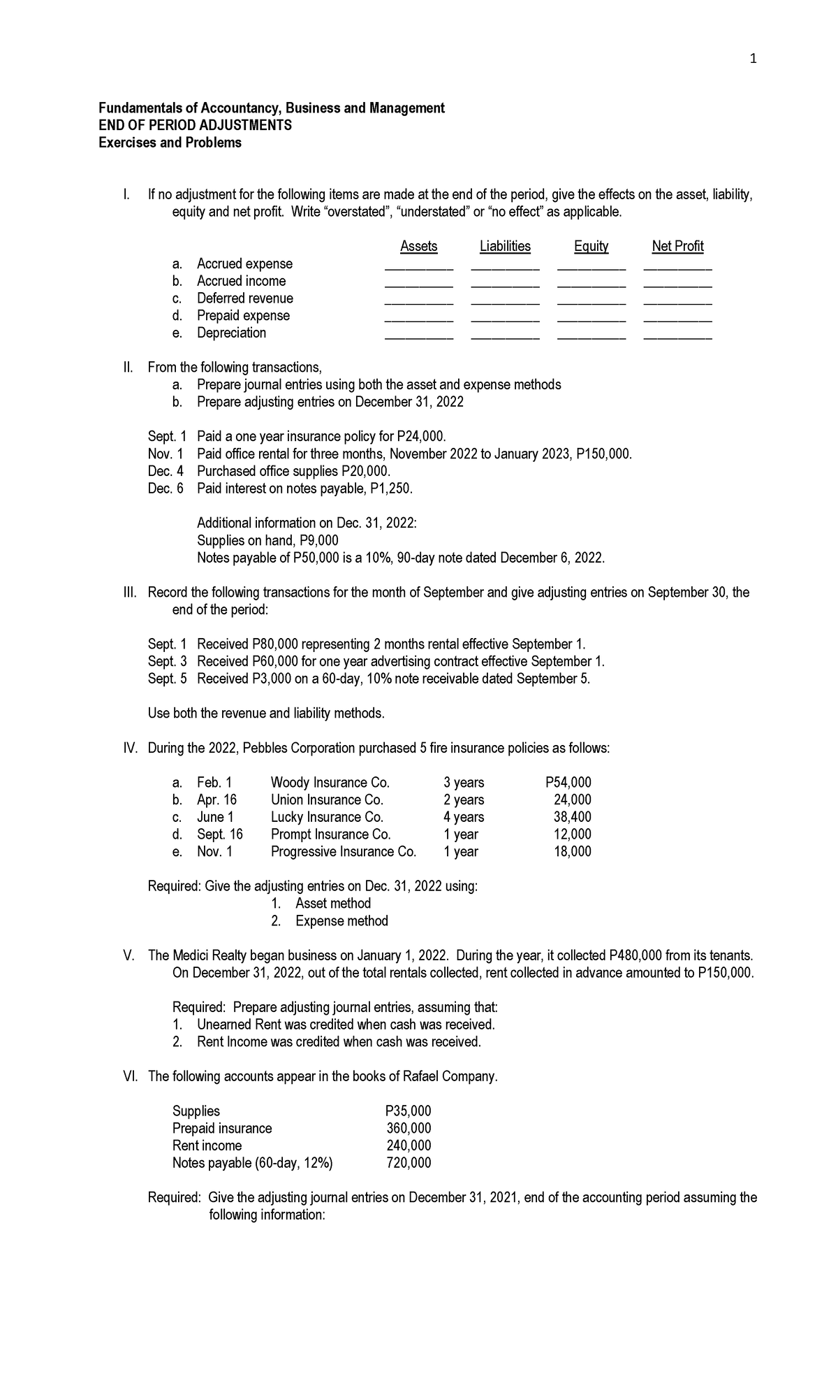 04 ACCT 101 End of Period Adjustments: Exercises & Problems - Studocu