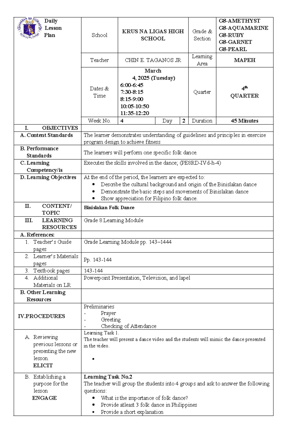 Daily Lesson Plan MAPEH 8: Binislakan & Pangalay Folk Dances - Studocu