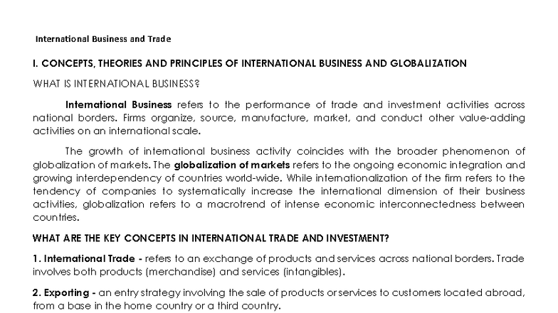 International Business and Trade I: Concepts and Globalization Insights ...