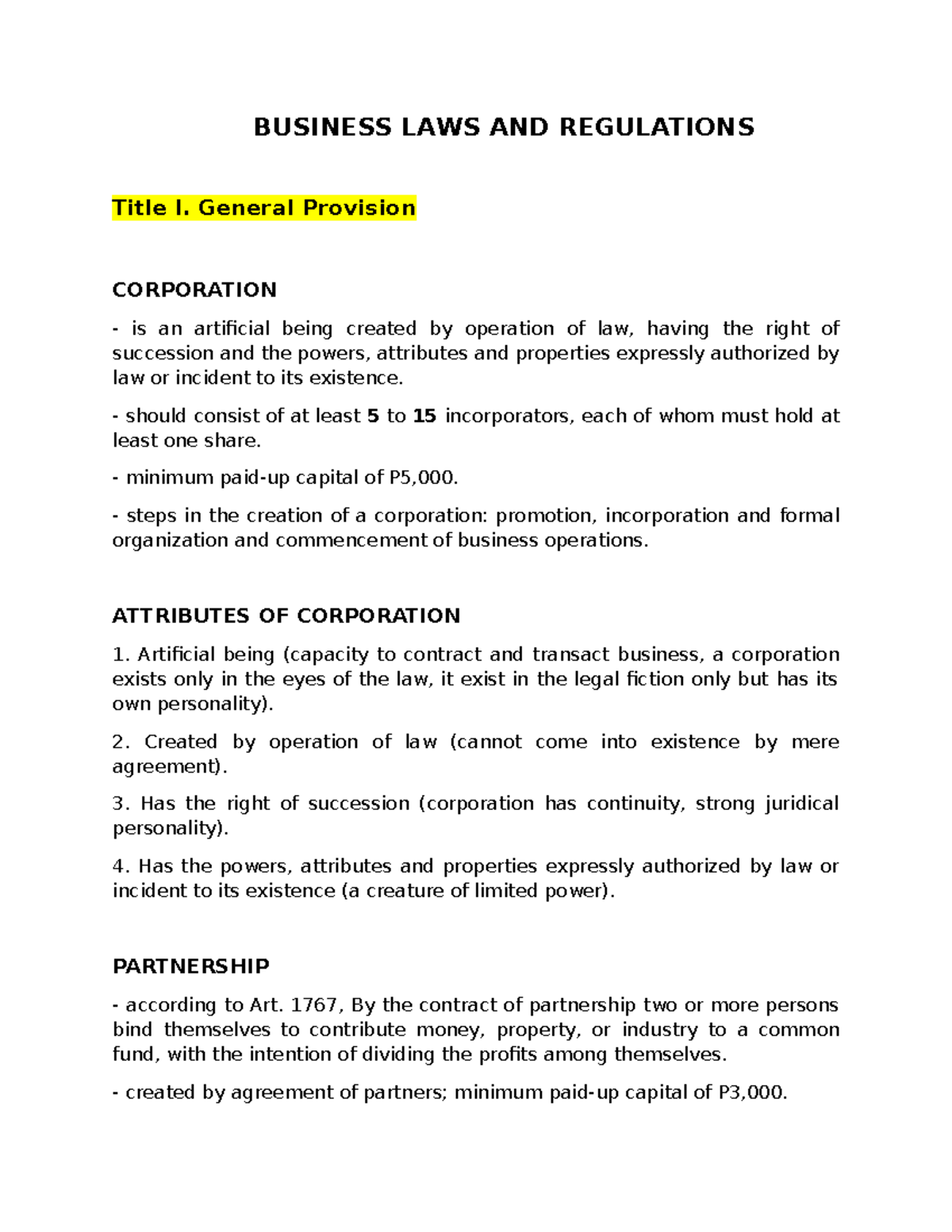 Business Law and Regulations Review: Key Concepts in Corp. Law - Studocu