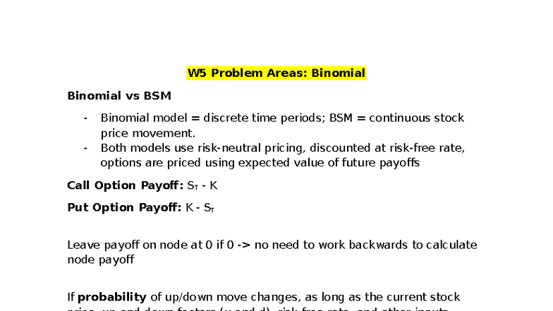 W5 Derivatives Problem Areas: Binomial vs BSM Models Analysis - Studocu