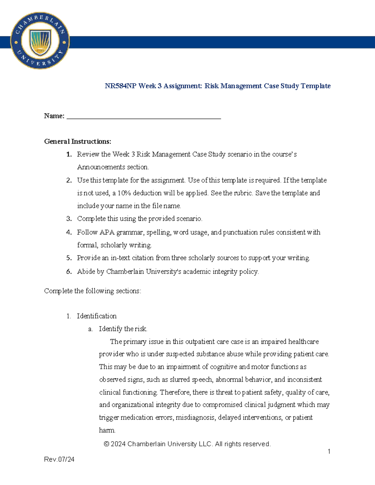 NR584NP Week 3 Risk Management Case Study Template and Guidelines - Studocu