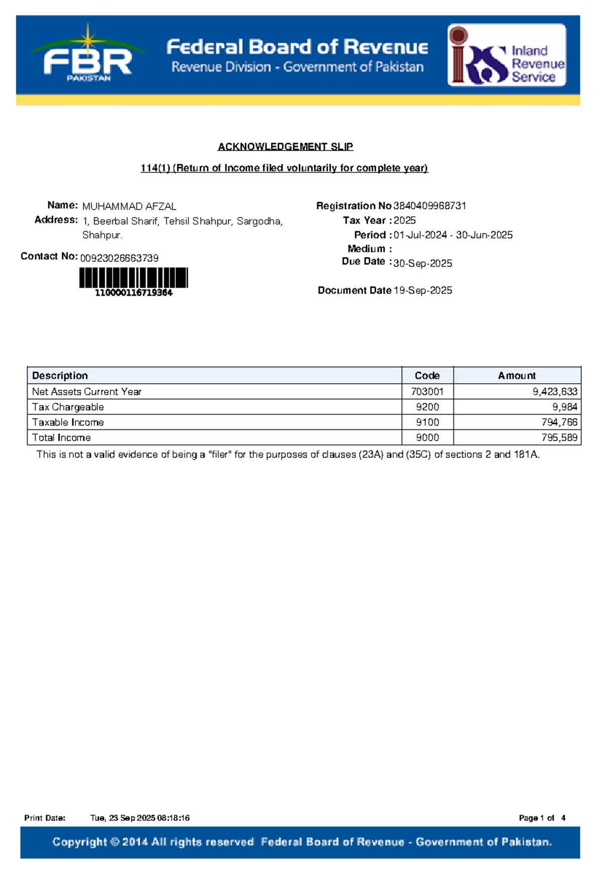 ACKNOWLEDGEMENT SLIP 114(1) - Income Tax Return 2025 - Studocu