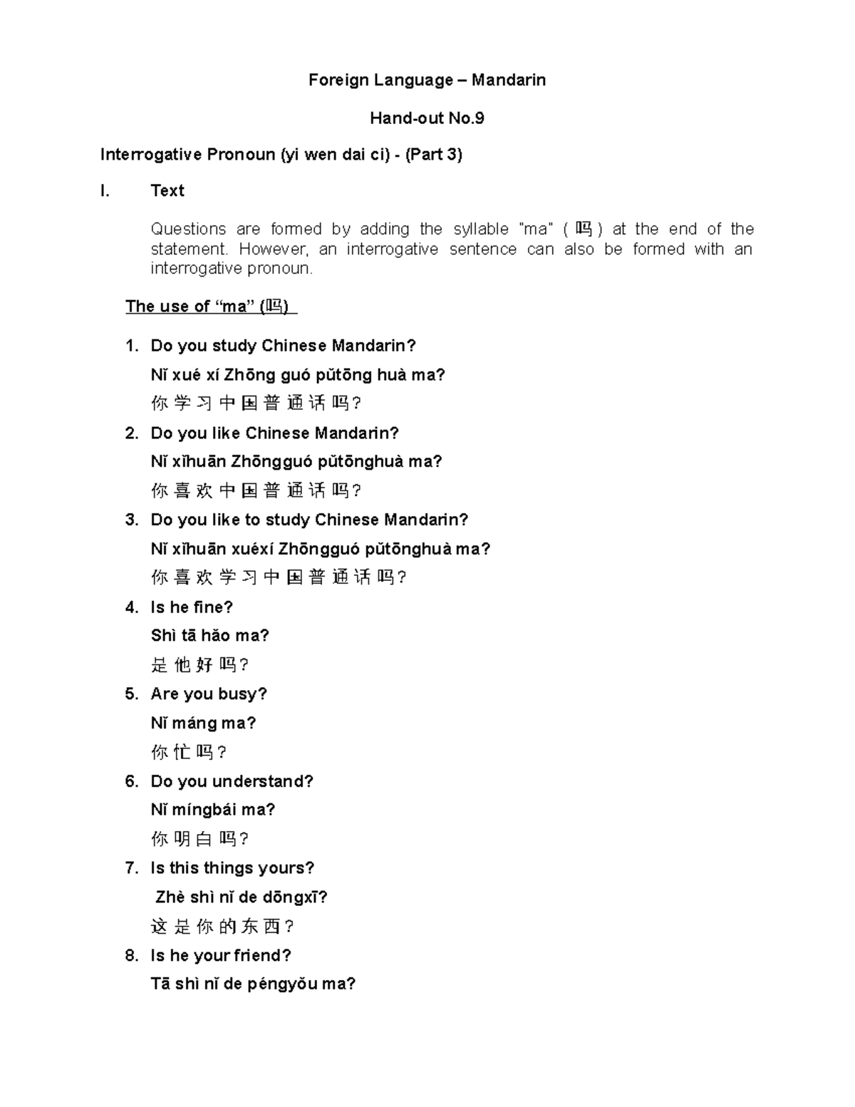 Mandarin Chinese 9: Interrogative Pronouns Hand-out Overview - Studocu
