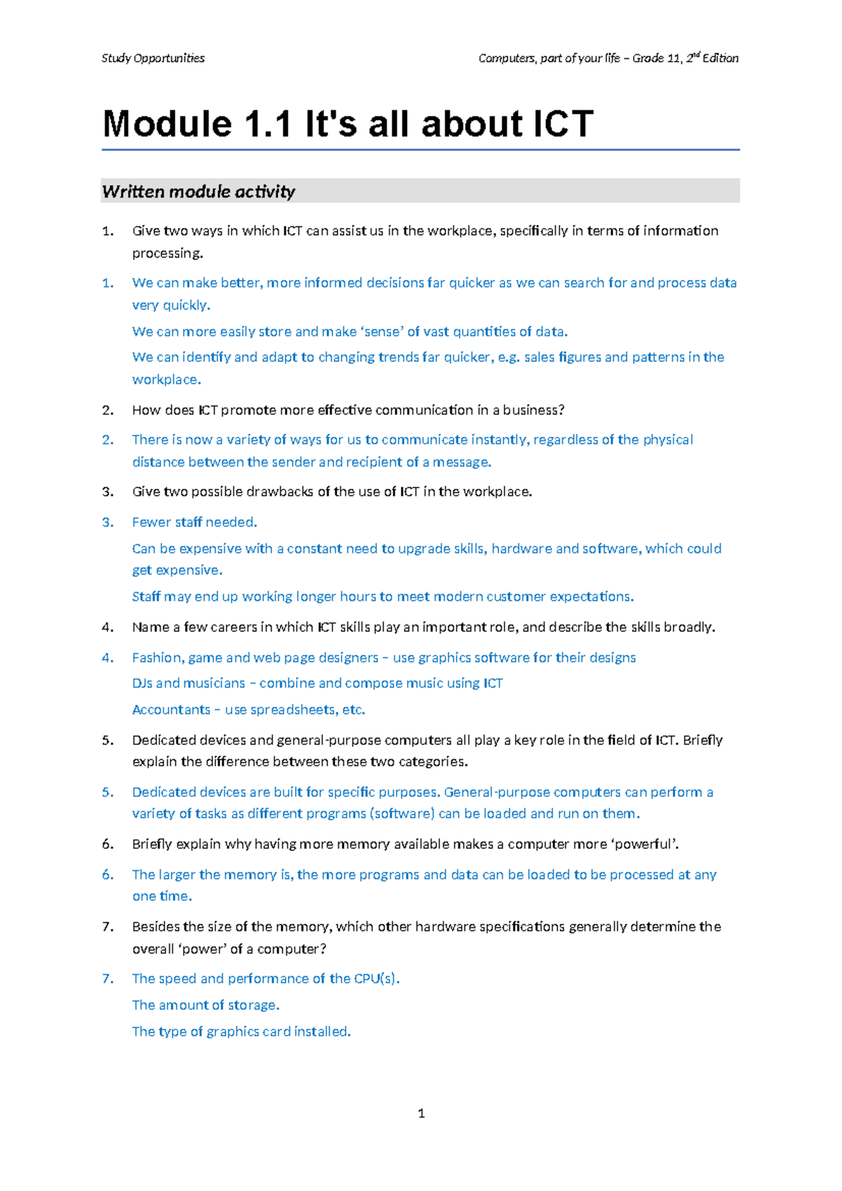 Module 1.1 ICT Study Guide: Key Concepts, Q&A for Grade 11 - Studocu