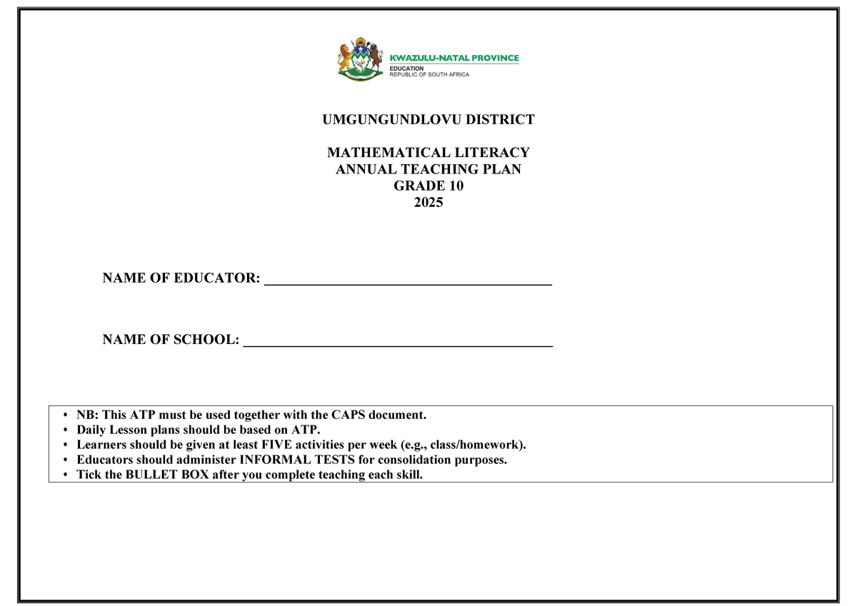 2025 Grade 10 KZN Mathematical Literacy Annual Teaching Plan (ATP ...