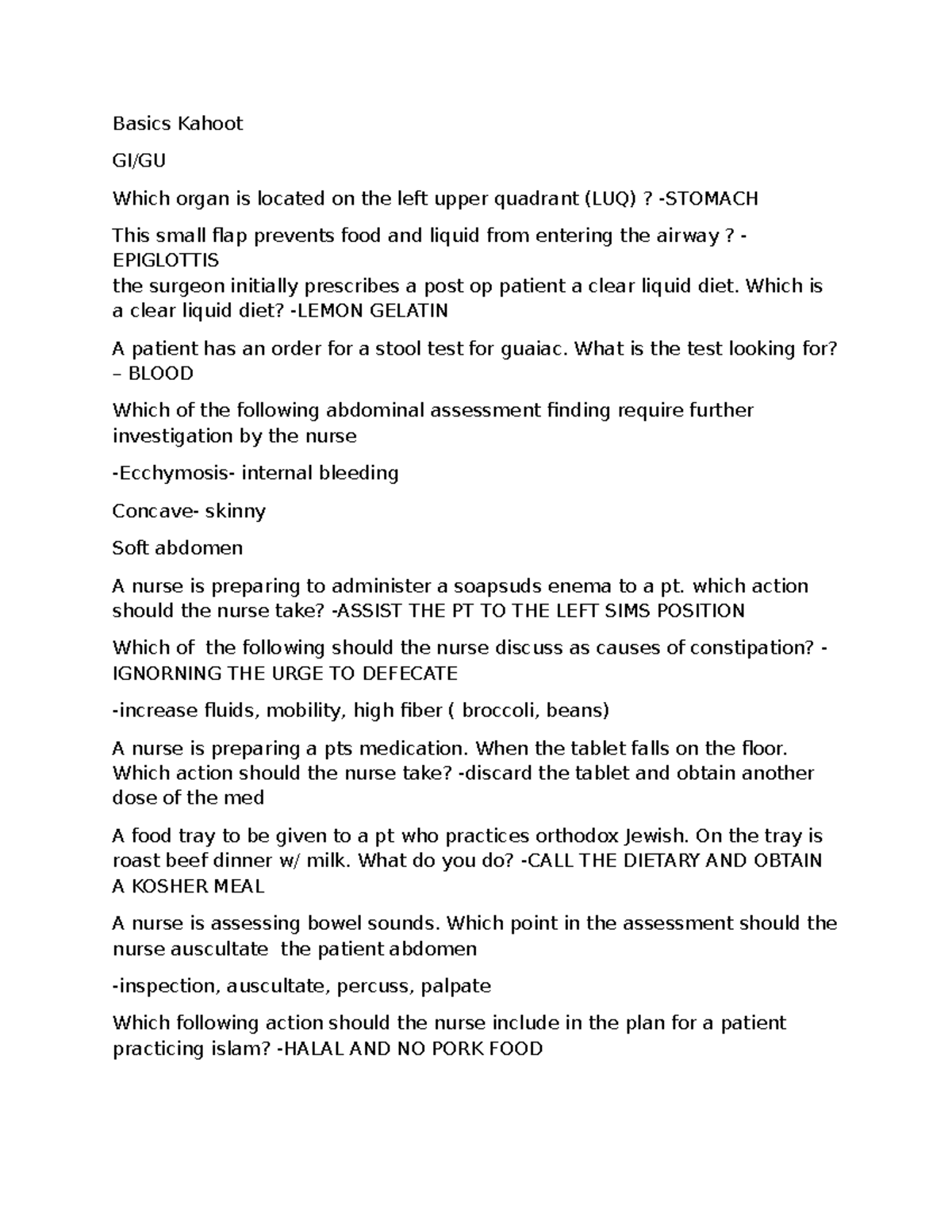 Nursing Basics Kahoot: Key Concepts & Patient Care Insights - Studocu