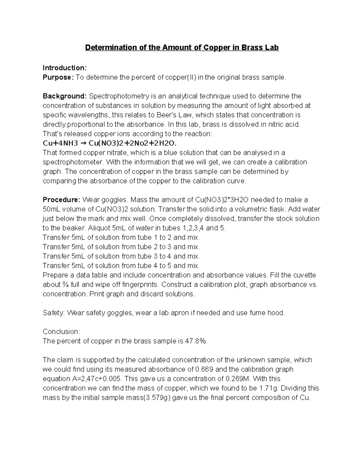 Lab 3: Determining Percent Copper in Brass - Intro & Conclusion - Studocu