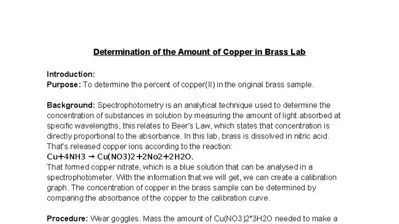 Lab 3: Determining Percent Copper in Brass - Intro & Conclusion - Studocu