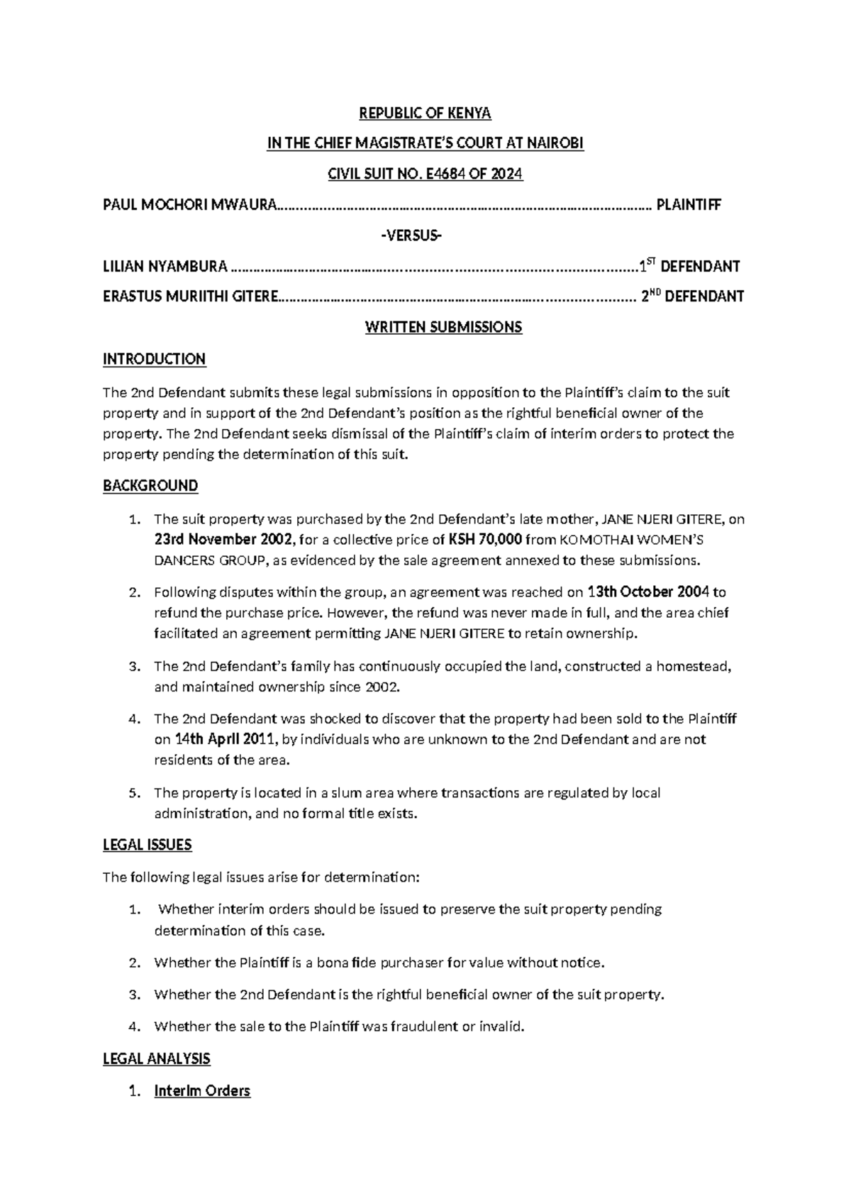 Skeleton submission - good - REPUBLIC OF KENYA IN THE CHIEF MAGISTRATE ...