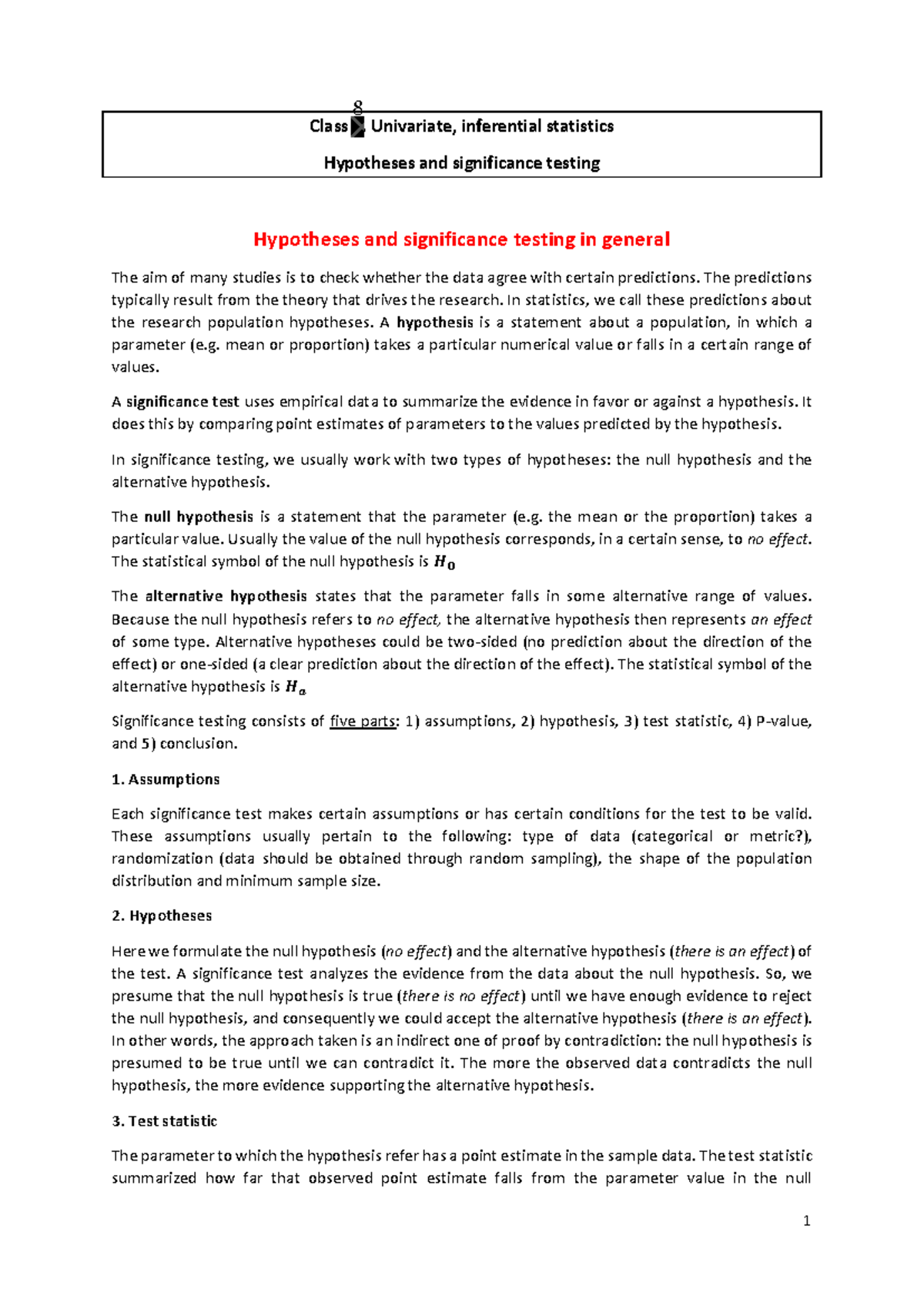 8 Class - Inferential Statistics: Hypotheses & Significance Testing ...