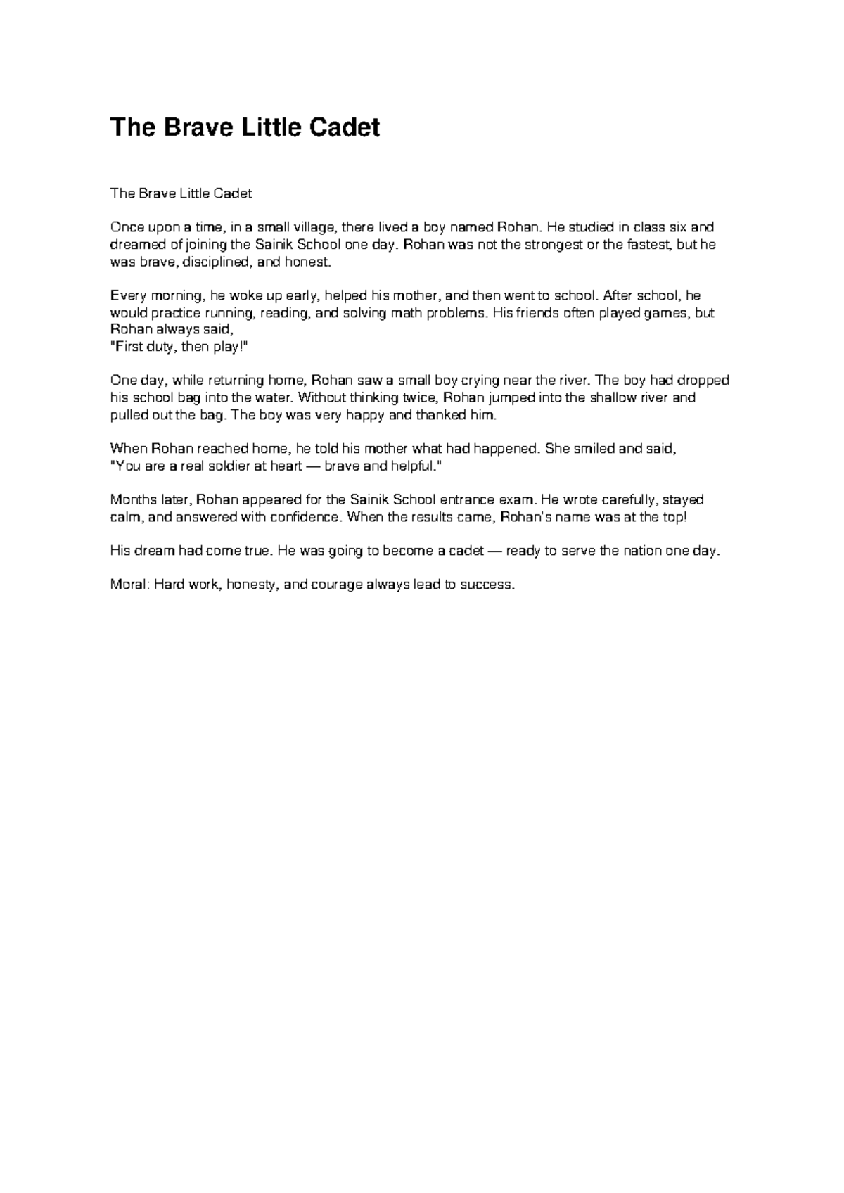 Brave Little Cadet Story: A Tale of Courage and Success - Studocu