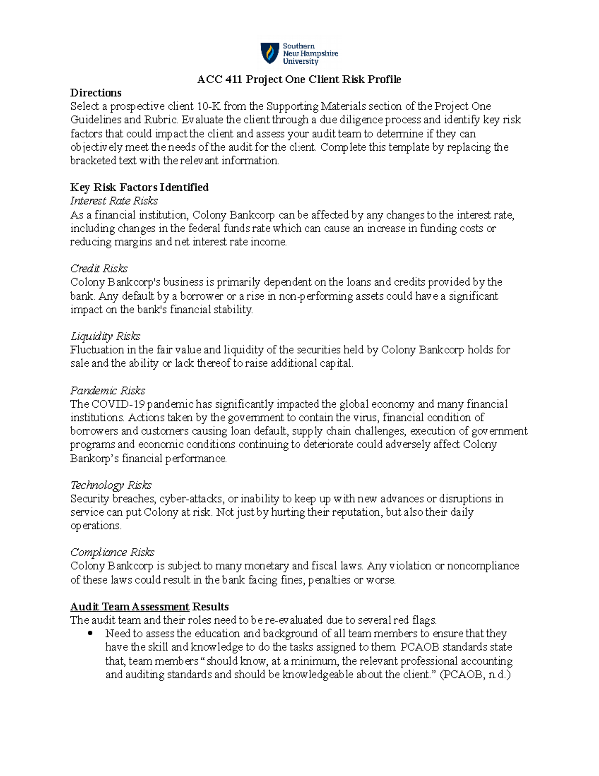 ACC 411 Project One: Client Risk Profile Assessment & Evaluation - Studocu