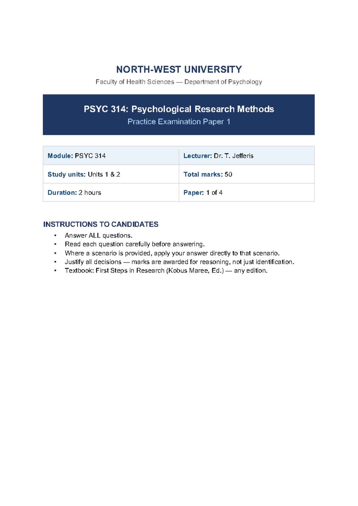 PSYC 314: Psychological Research Methods Practice Exam Paper 1 - Studocu