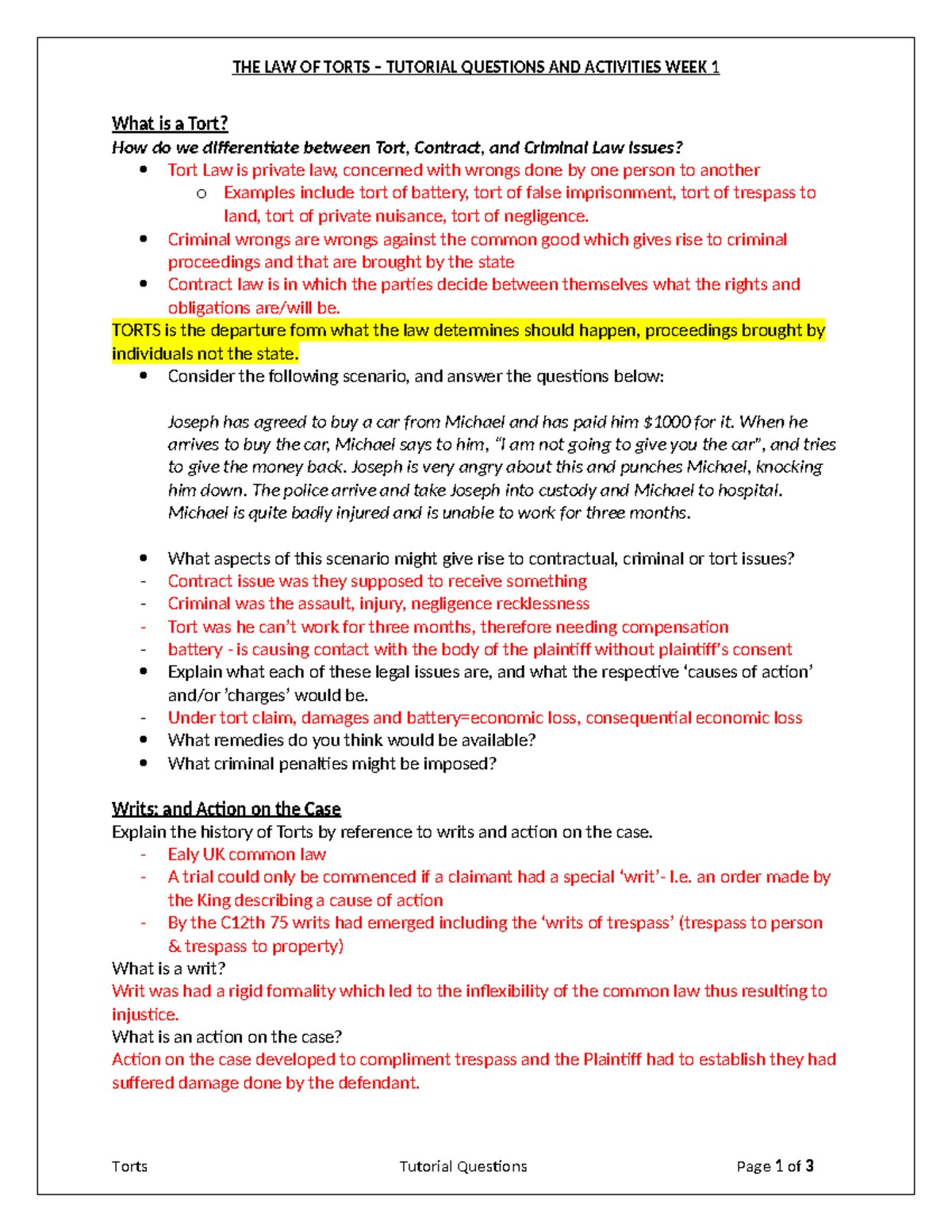 TORTS 101: WEEK 1 TUTORIAL QUESTIONS & ACTIVITIES - Studocu
