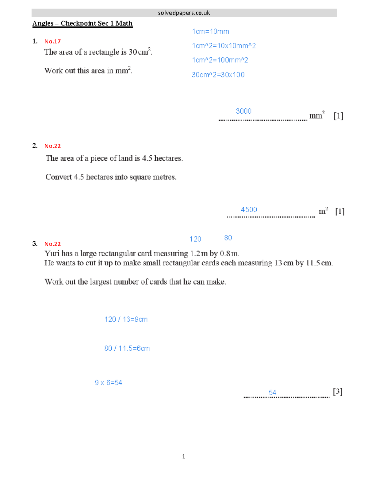 Checkpoint Sec 1 Math: Area, Perimeter & Volume Solutions - Studocu