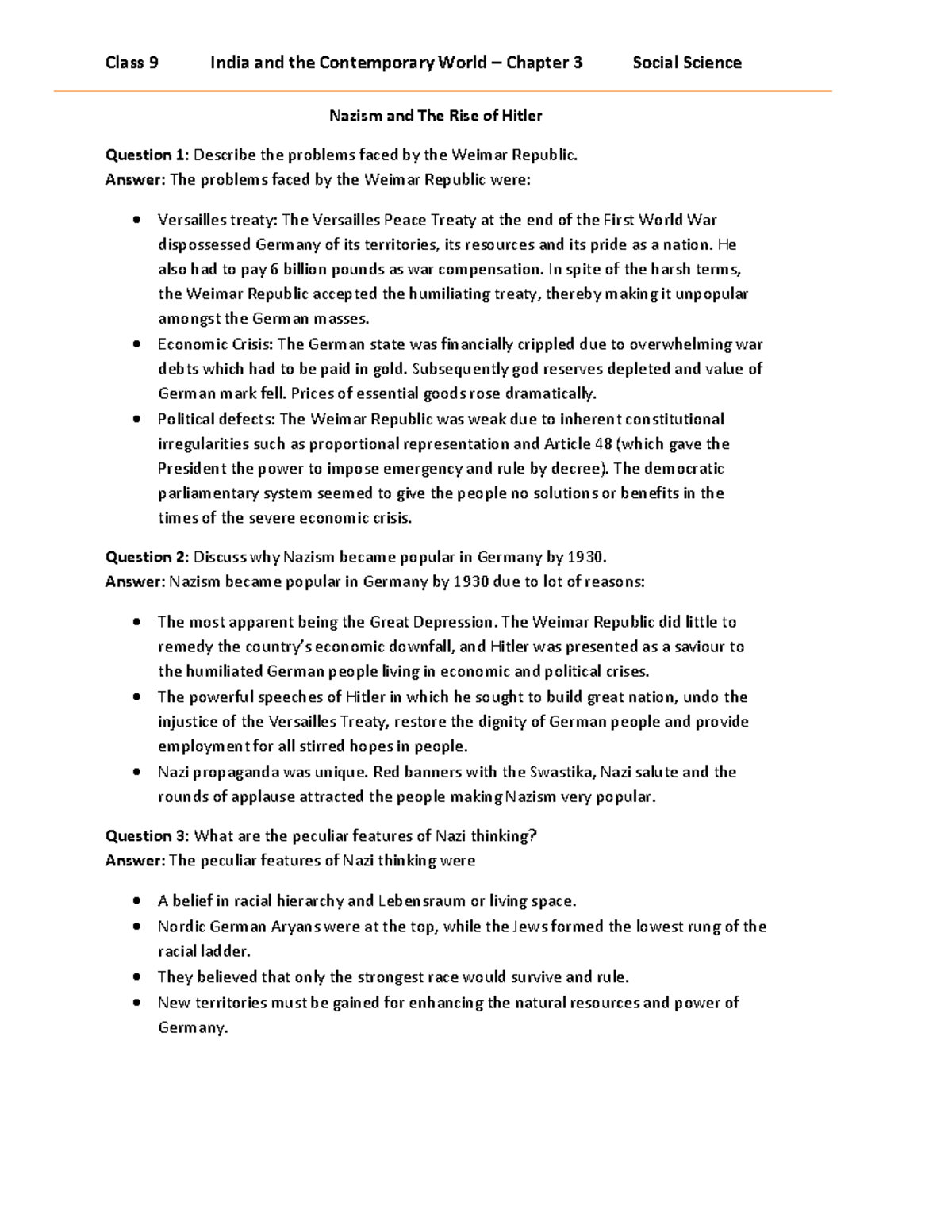 Class 9 Social Science Ch 3: Nazism & The Rise of Hitler Notes - Studocu